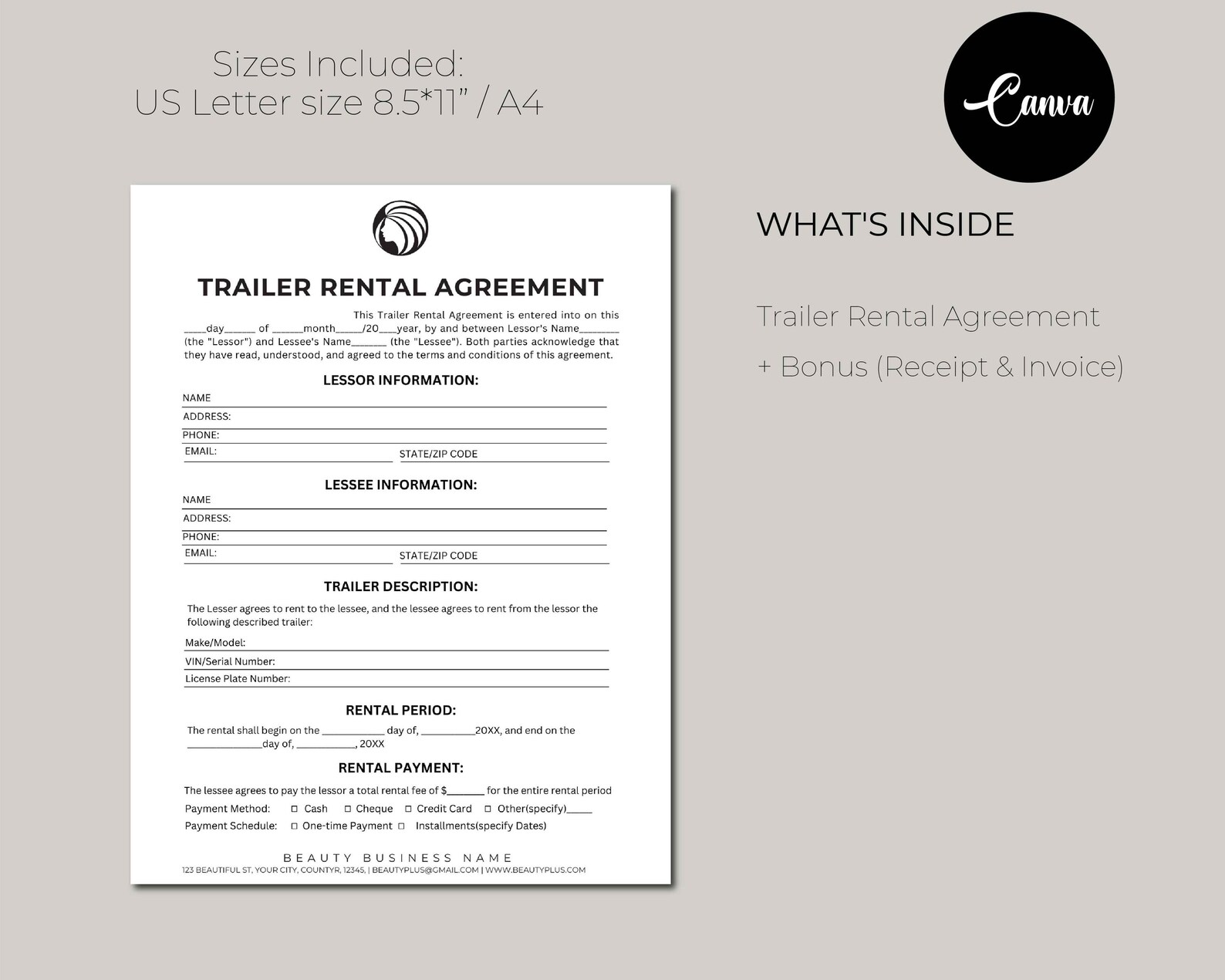 Trailer Rental Agreement, Canva Editable Contract, Trailer Lease ...