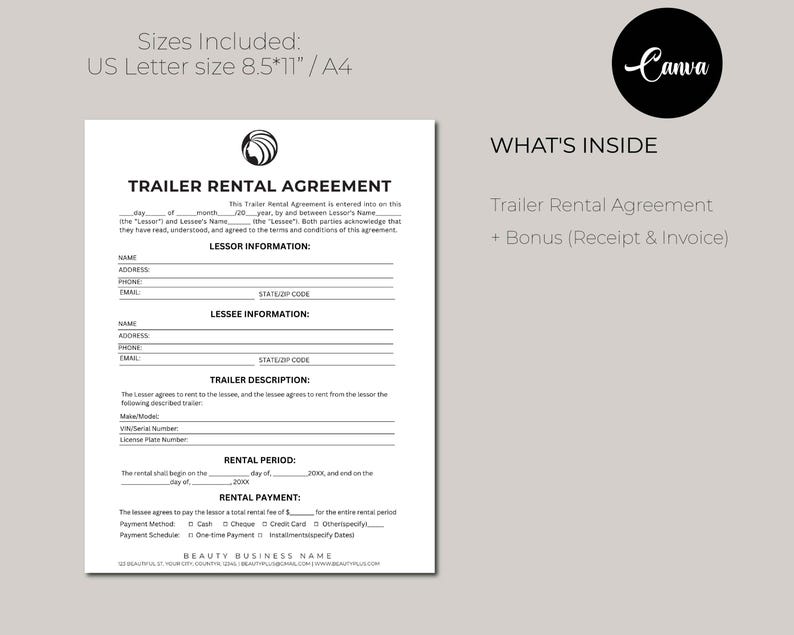 Trailer Rental Agreement, Canva Editable Contract, Trailer Lease ...
