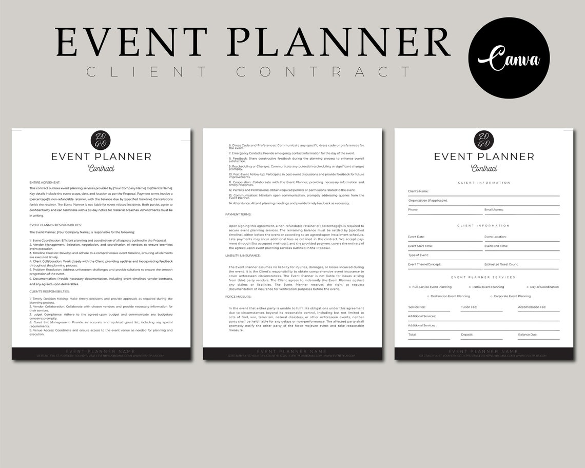 Editable Event Planner Contract Template, Canva Template, Event ...