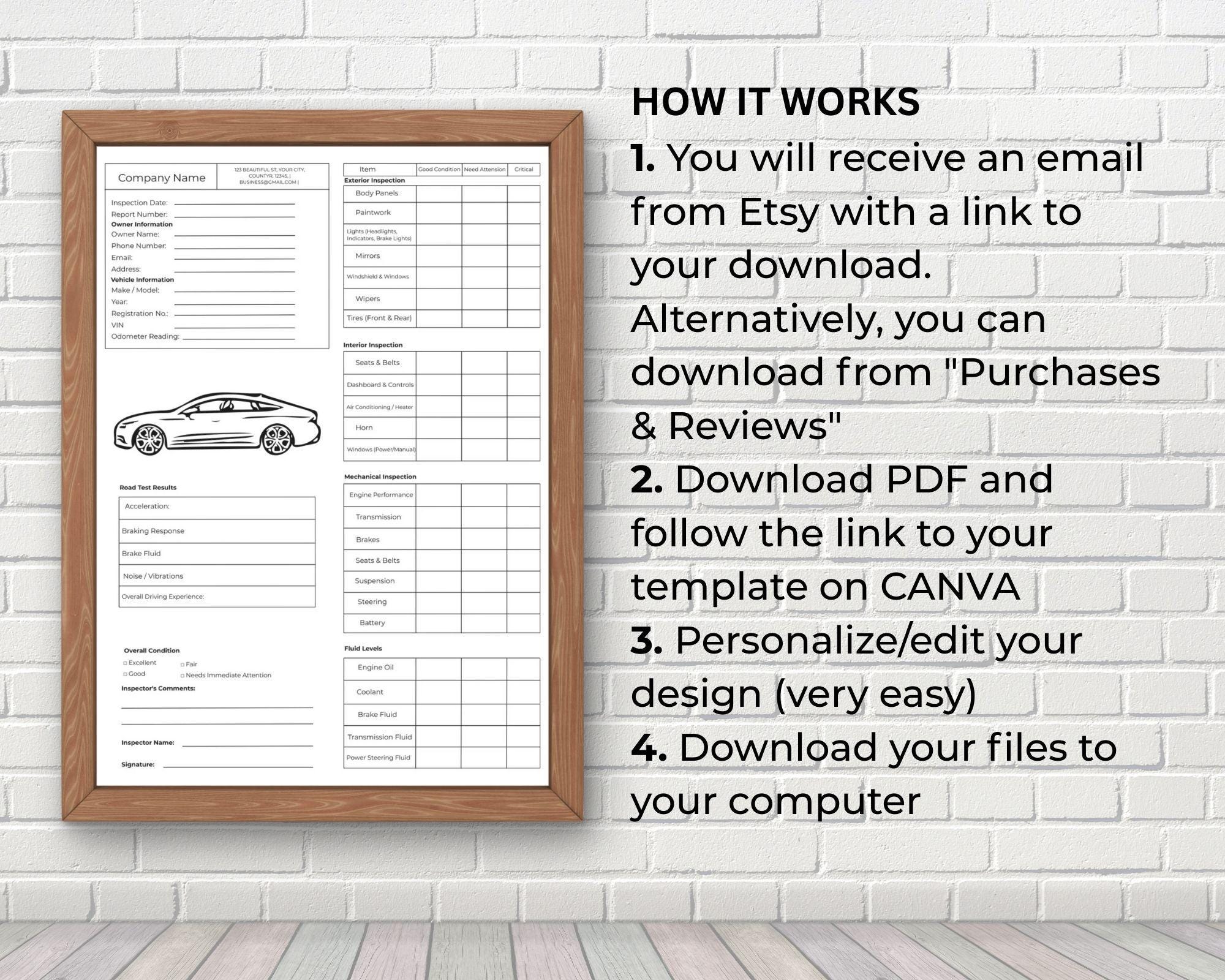 Printable Vehicle Inspection Report, Editable Car or Equipment Rental ...