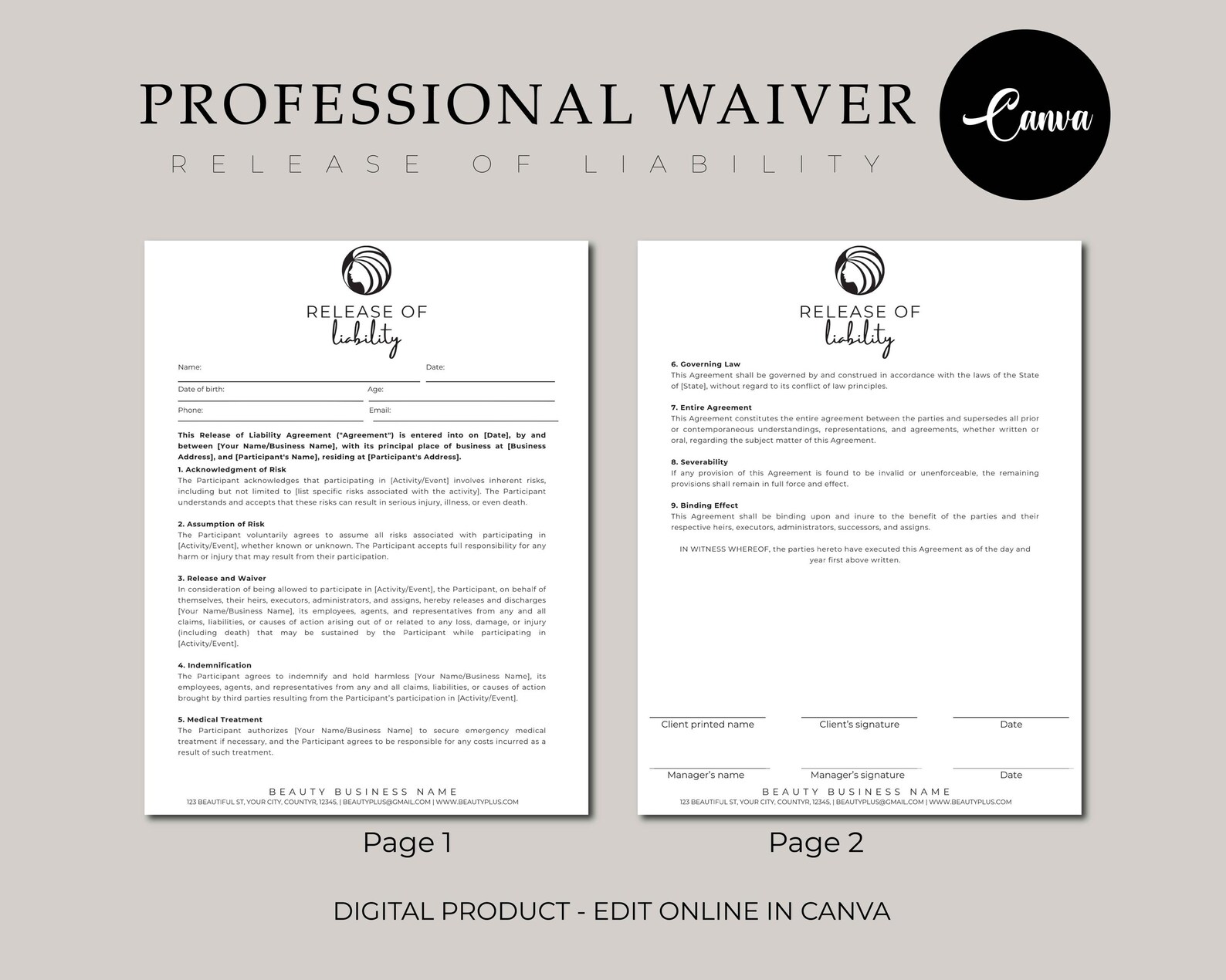 Professional Liability Waiver Template, Liability Damage Waiver Template, Liability Form ...