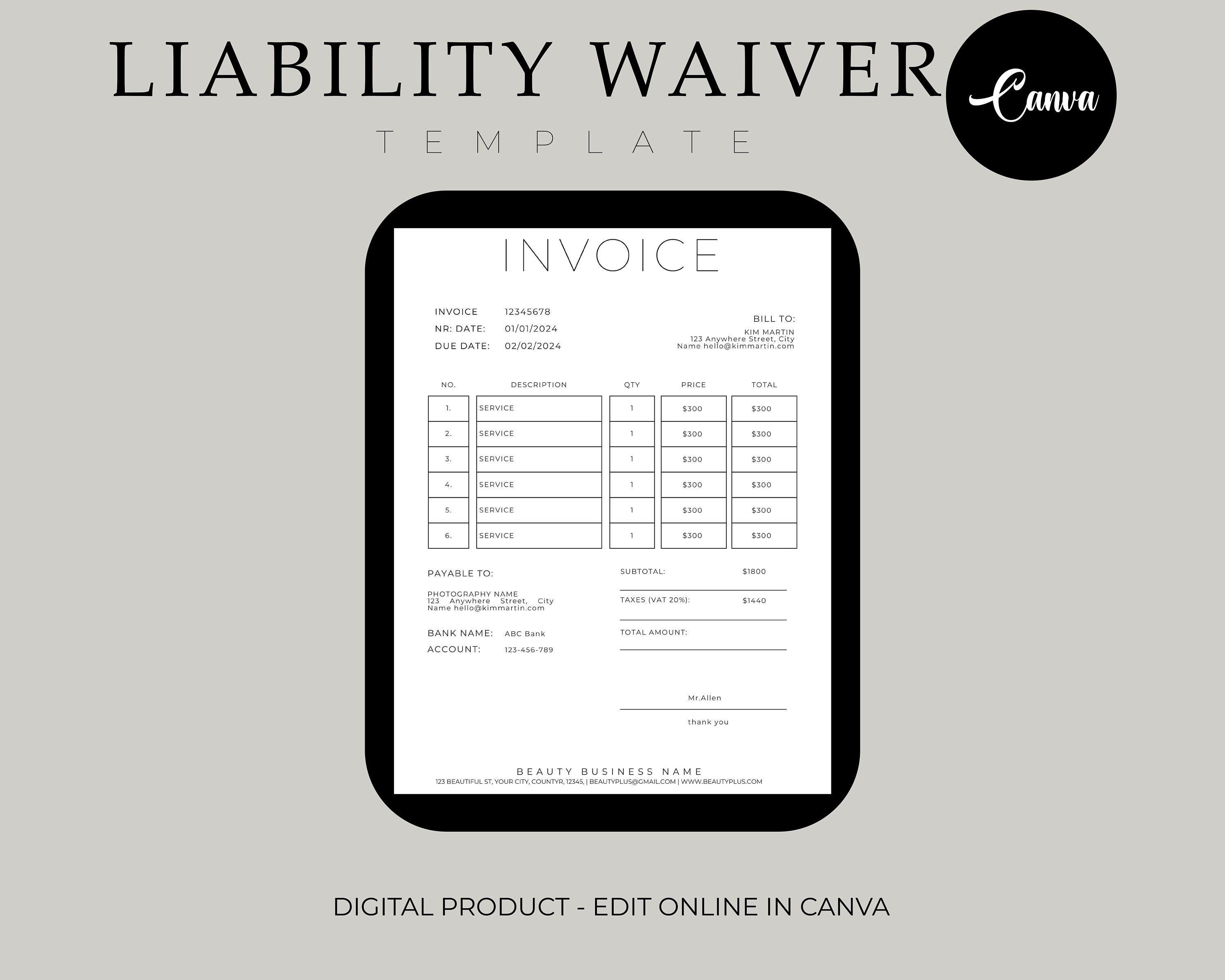 General Liability Waiver Template, Liability Form Agreement, Liability ...