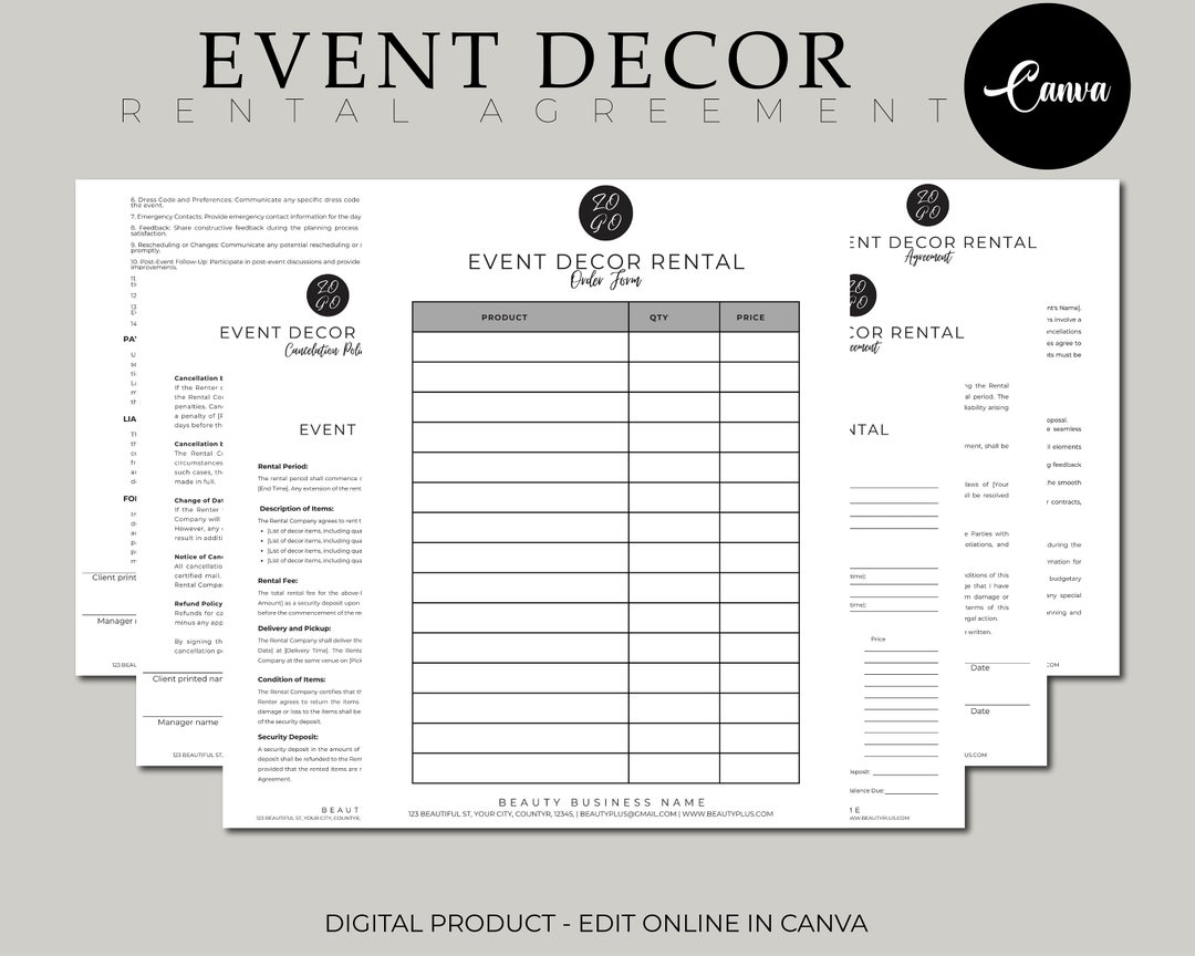 Event Décor Rental Contract, Editable in Canva, Party Equipment Rental ...