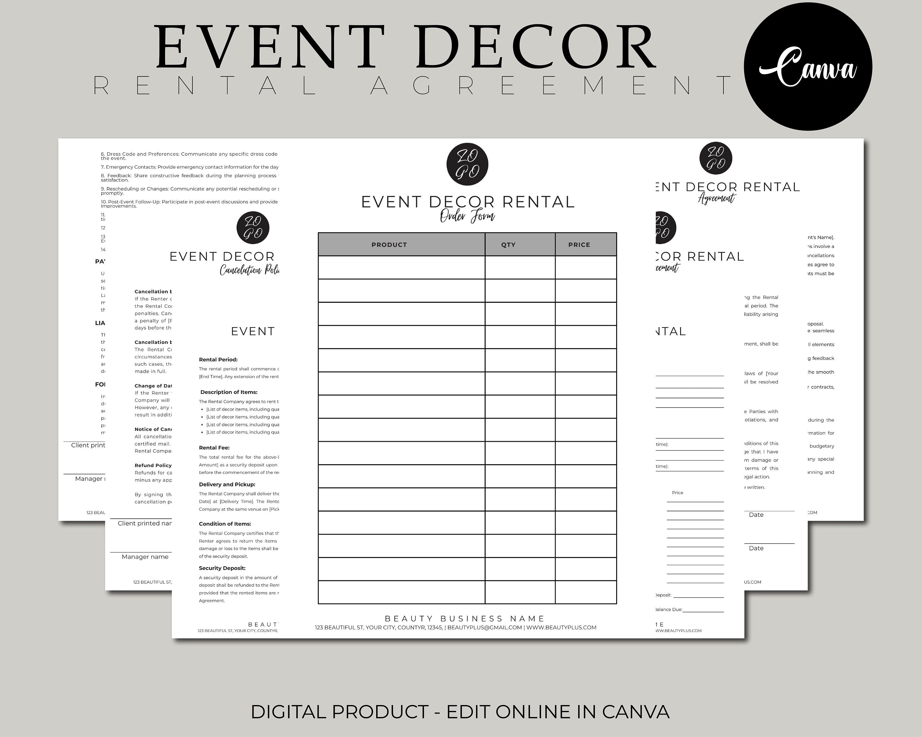Event Décor Rental Contract, Editable in Canva, Party Equipment Rental ...
