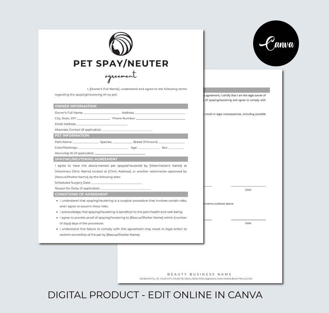 Pet Spay or Neuter Agreement Form, Neuter Agreement Printable Form ...