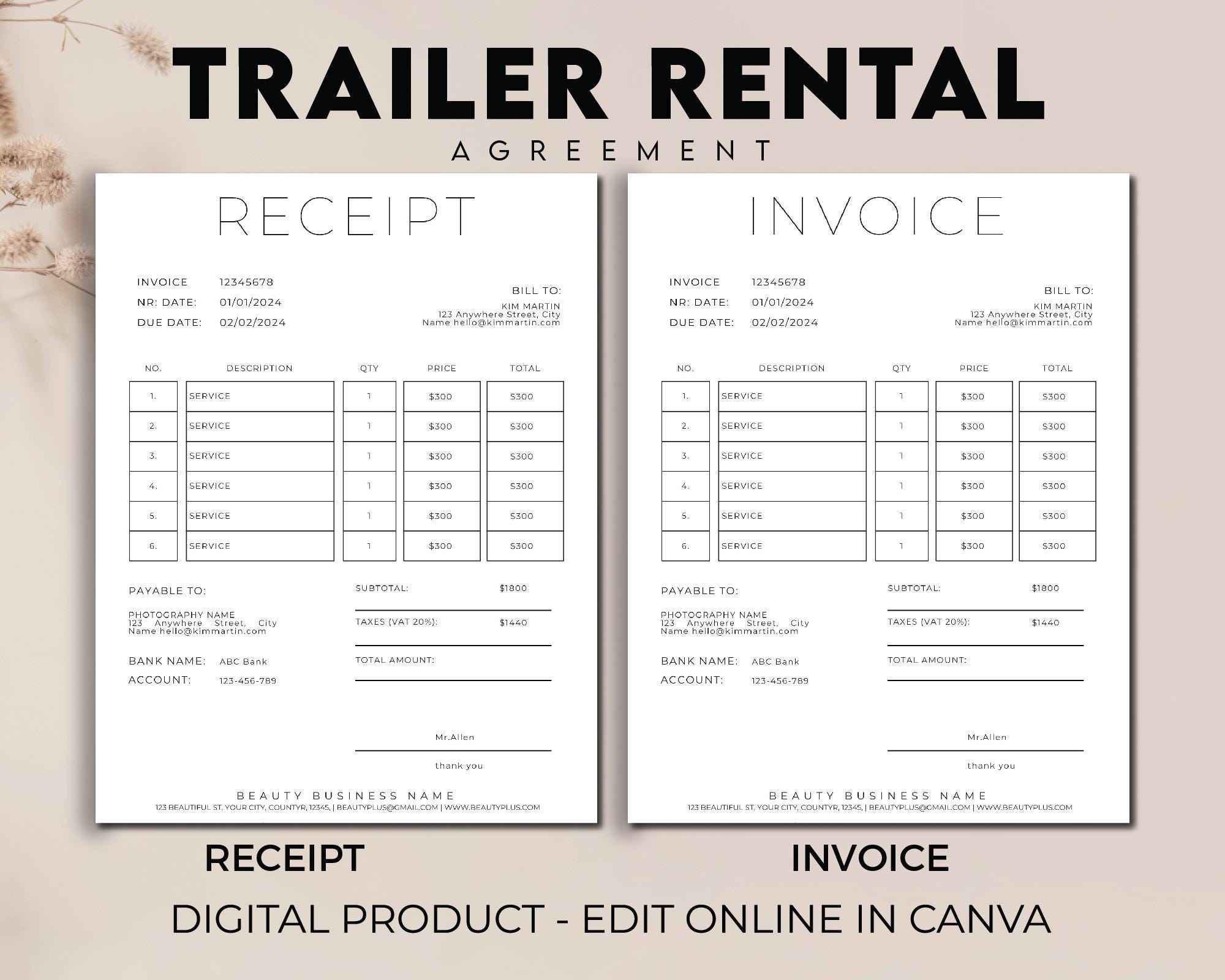 Editable Trailer Rental Agreement, Trailer Lease Contract, Dump Trailer ...