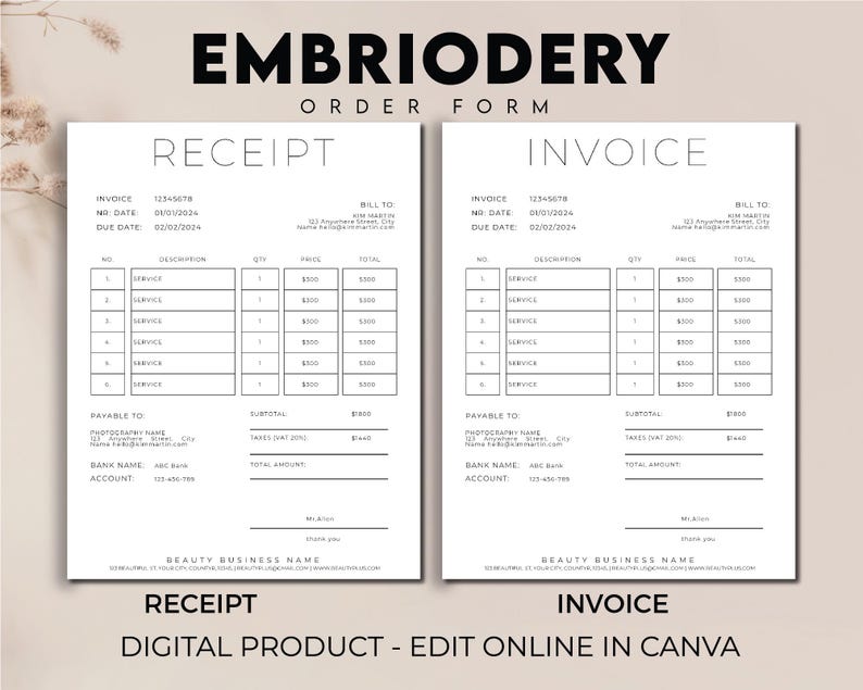 Embroidery Order Form Template, Custom Embroidery Order Form ...