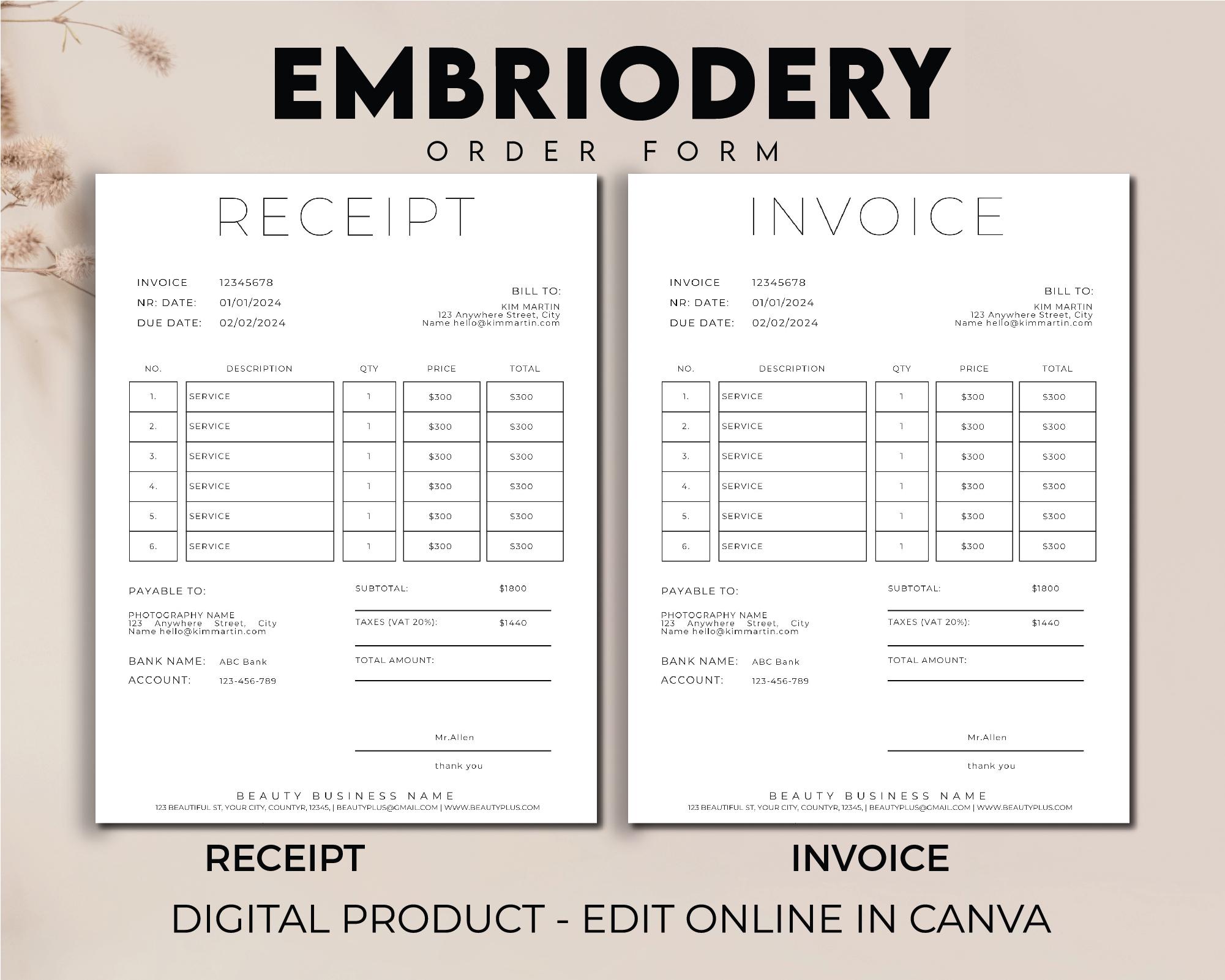 Embroidery Order Form Template, Custom Embroidery Order Form ...