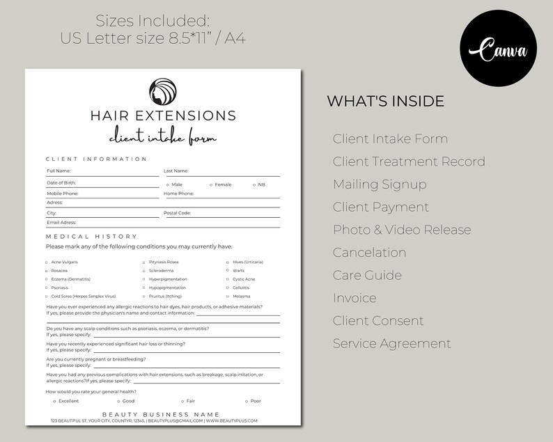 EDITABLE Hair Extensions Contract, Hair Extensions After Care Card ...