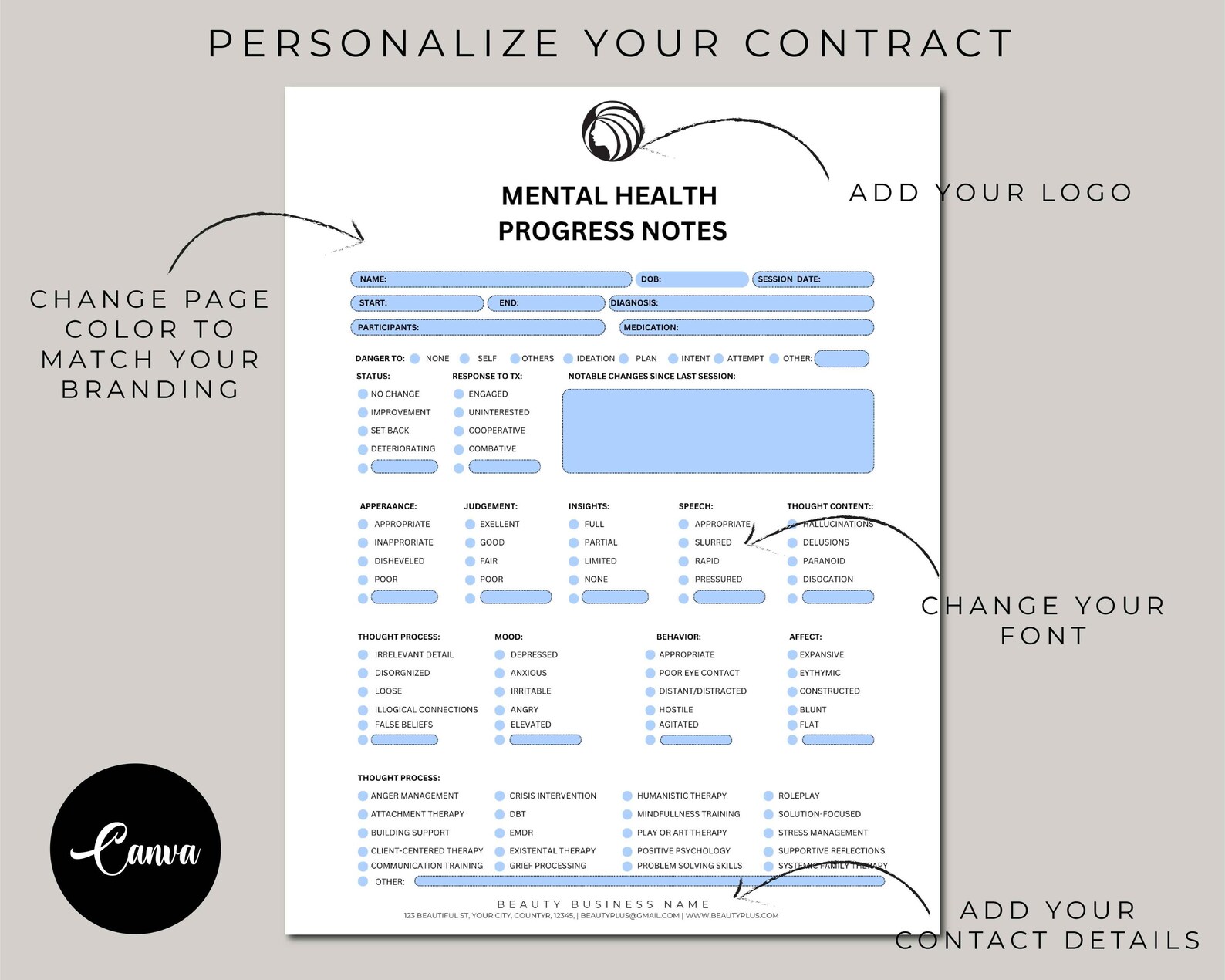 Canva Mental Progress Note Template, Counseling Therapy Note, Therapy ...