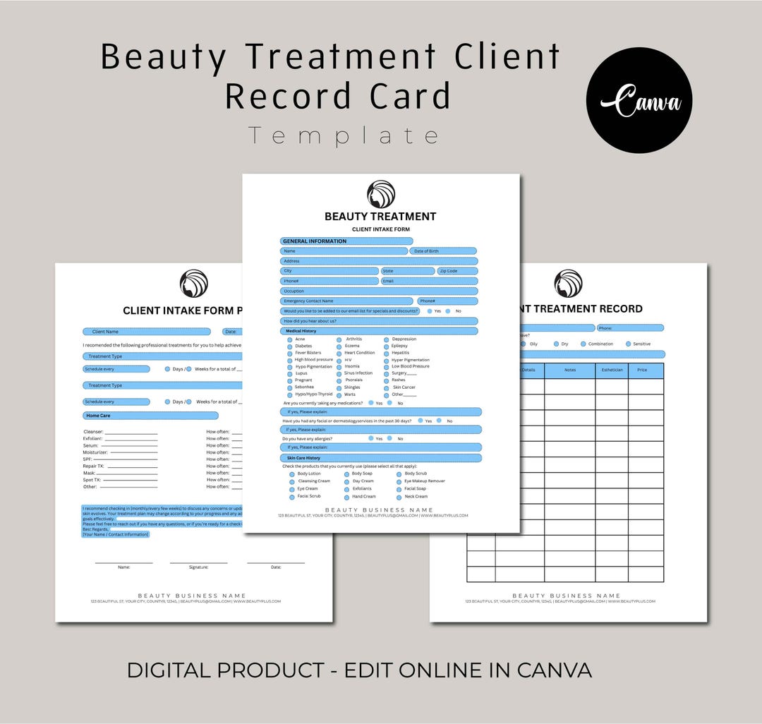 Beauty Treatment Client Record Card, Client Treatment Plan Template ...