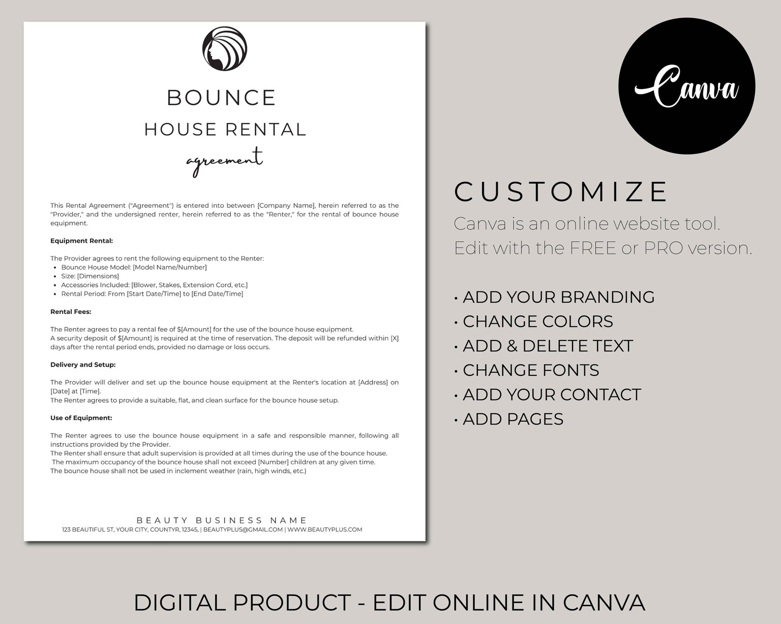 Bounce House Rental Contract Agreement Template, Invoice, Receipts ...