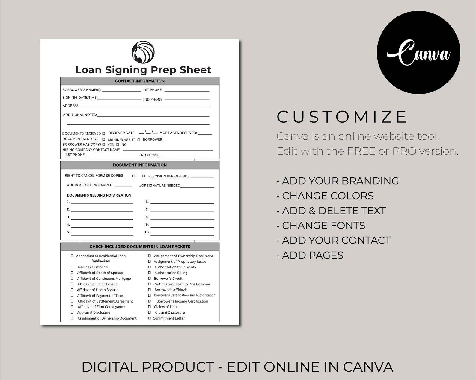 Printable Notary Loan Signing, Agent Signing Prep Sheet, Intake Form ...