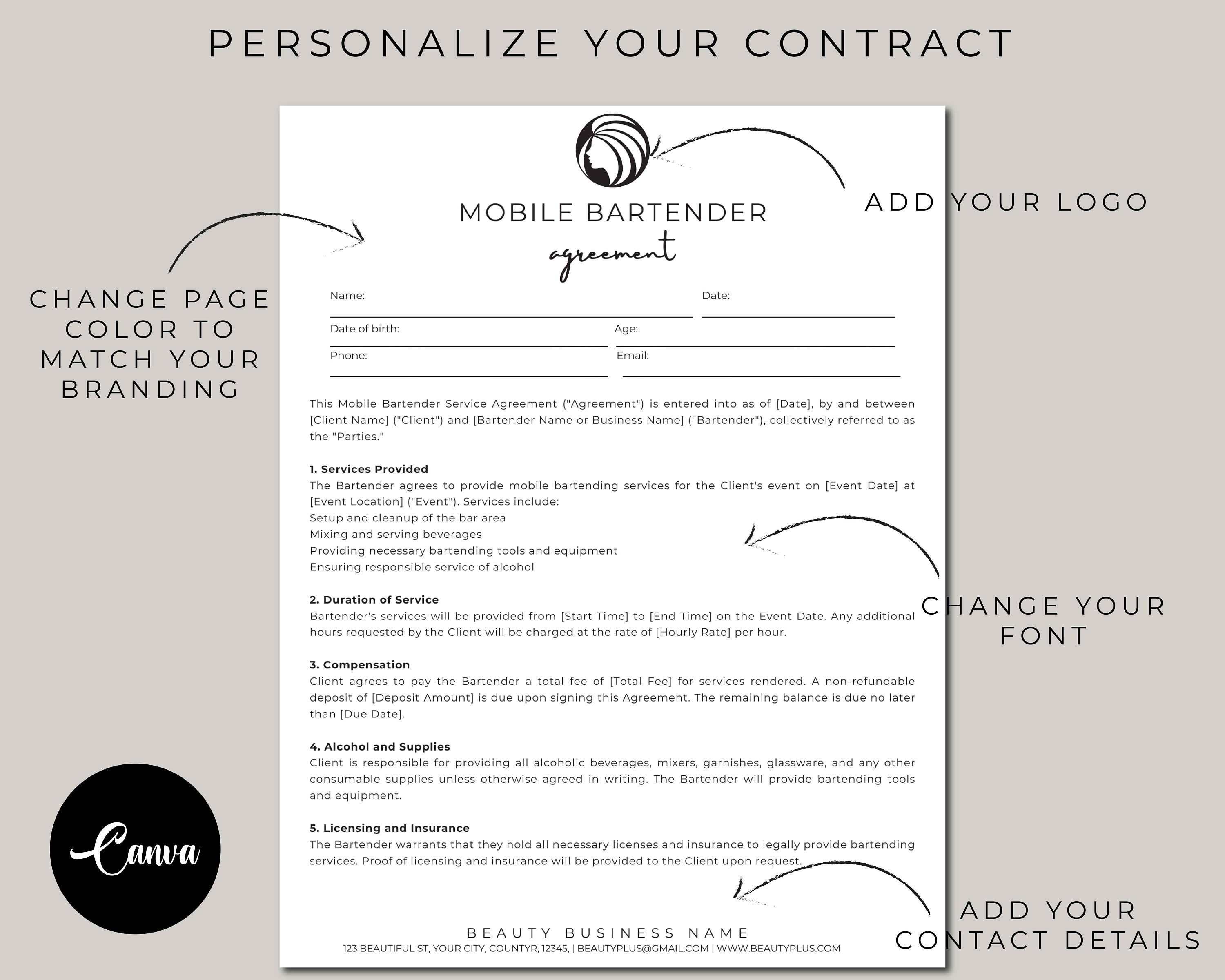 Mobile Bar Contract Template, Mobile Bar Service Contract Minimalist ...