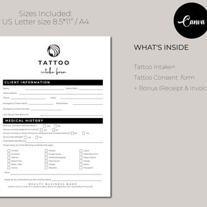 Tattoo Artist Forms Bundle - Editable, Tattoo Artist Business Forms ...