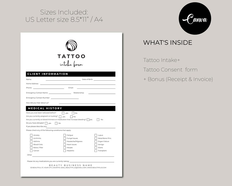 Tattoo Artist Forms Bundle - Editable, Tattoo Artist Business Forms ...