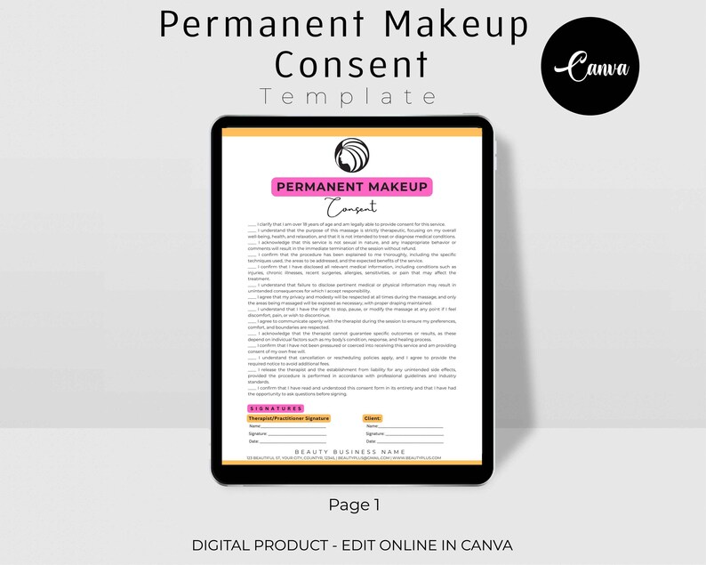 Editable PMU Consent Form Template, Permanent Makeup Forms, PMU Client ...