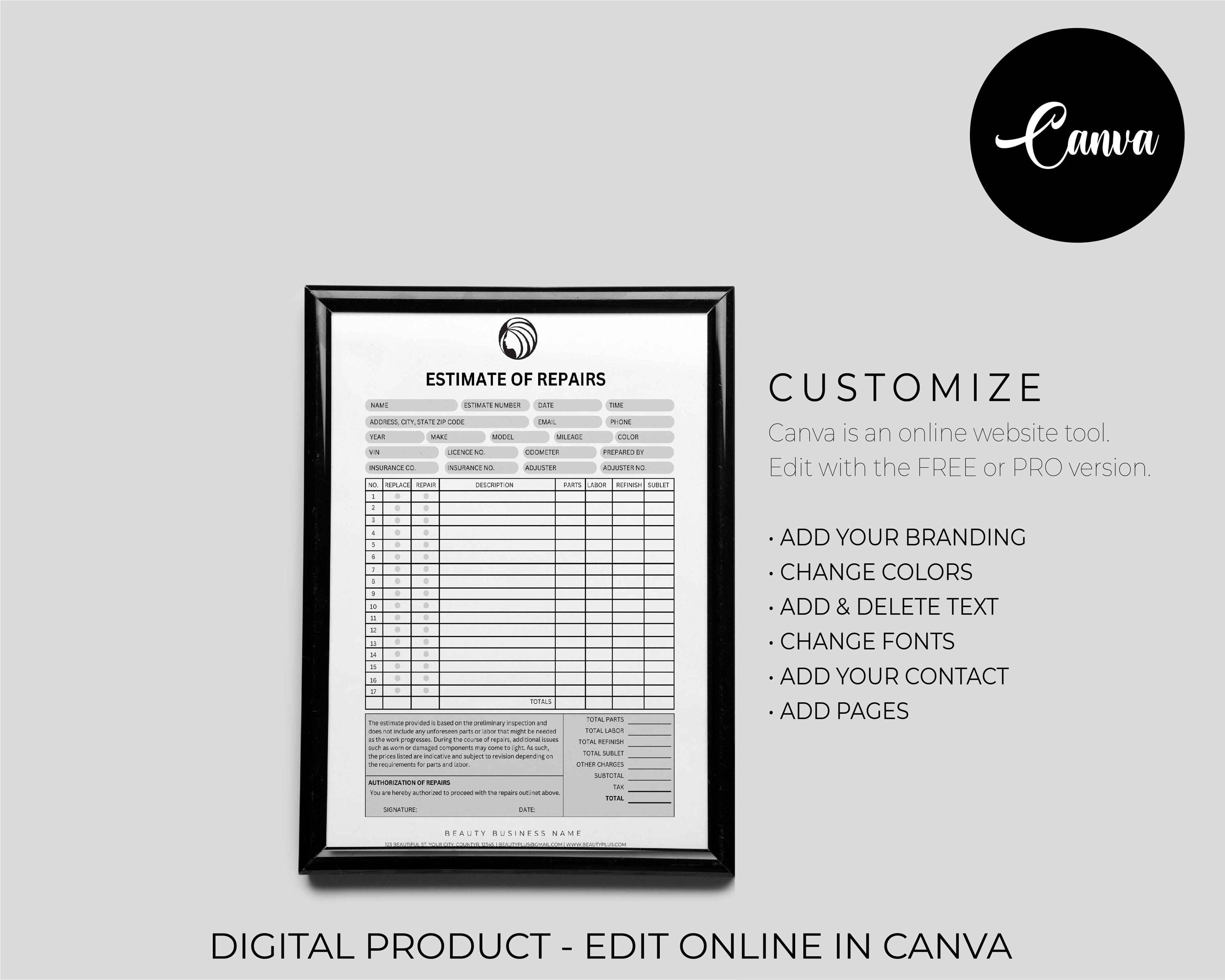 Editable Auto Body Repair Estimate Template, Canva Forms, Auto Repair ...