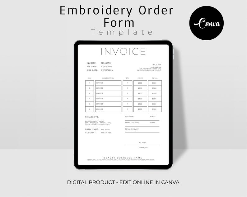 Embroidery Order Form Template, Embroidery Order Contract, Custom ...