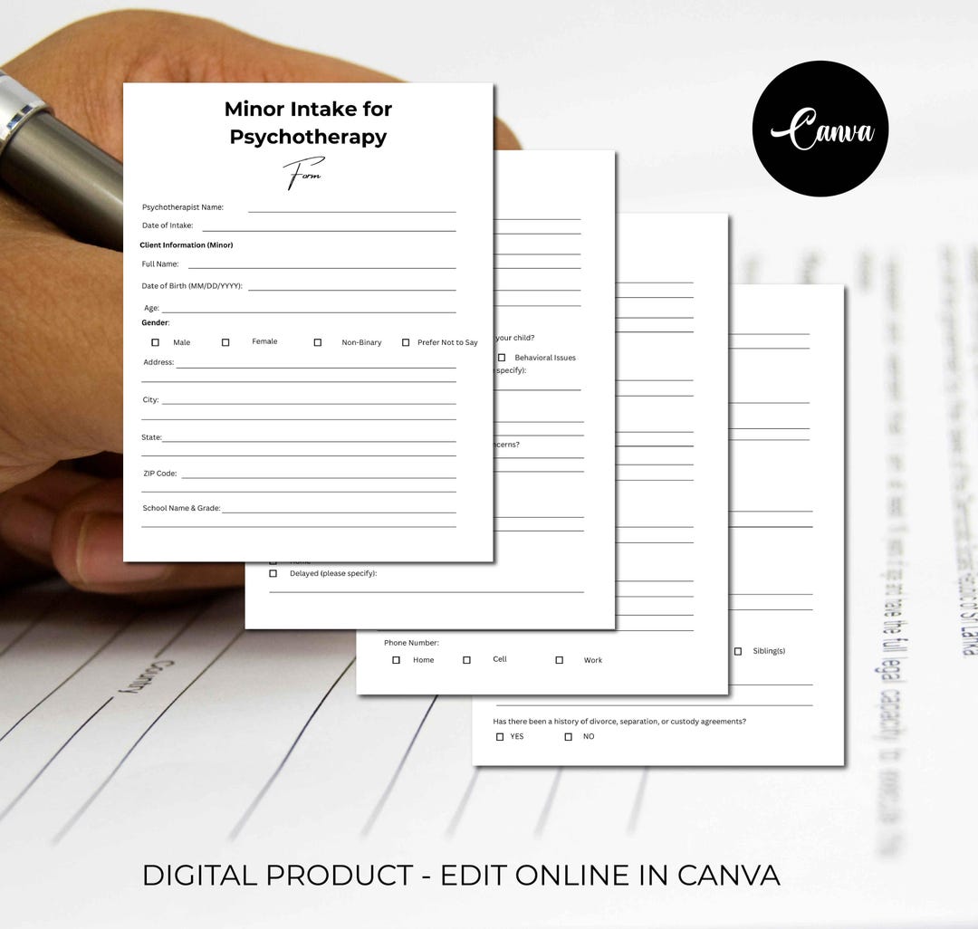 Minor Intake Form Template for Psychotherapists, Parental Consent Forms ...