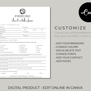 Body Piercing Consent Form, Ody Modification, DIY Editable Canva ...