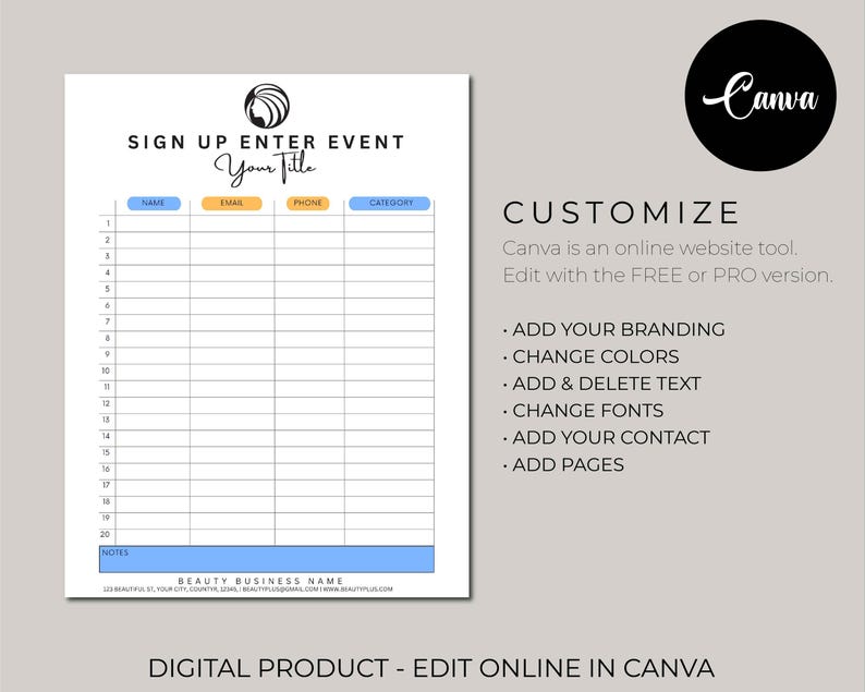 Editable Sign up Sheet Template, Event Sign up Sheet, Sign up List ...
