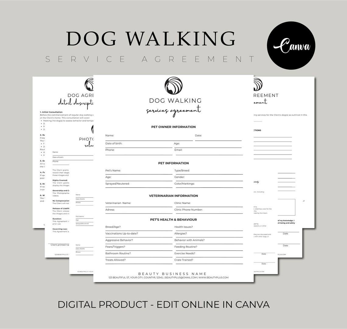 Dog Walking Service Agreement/contract Template, Invoice, Editable ...