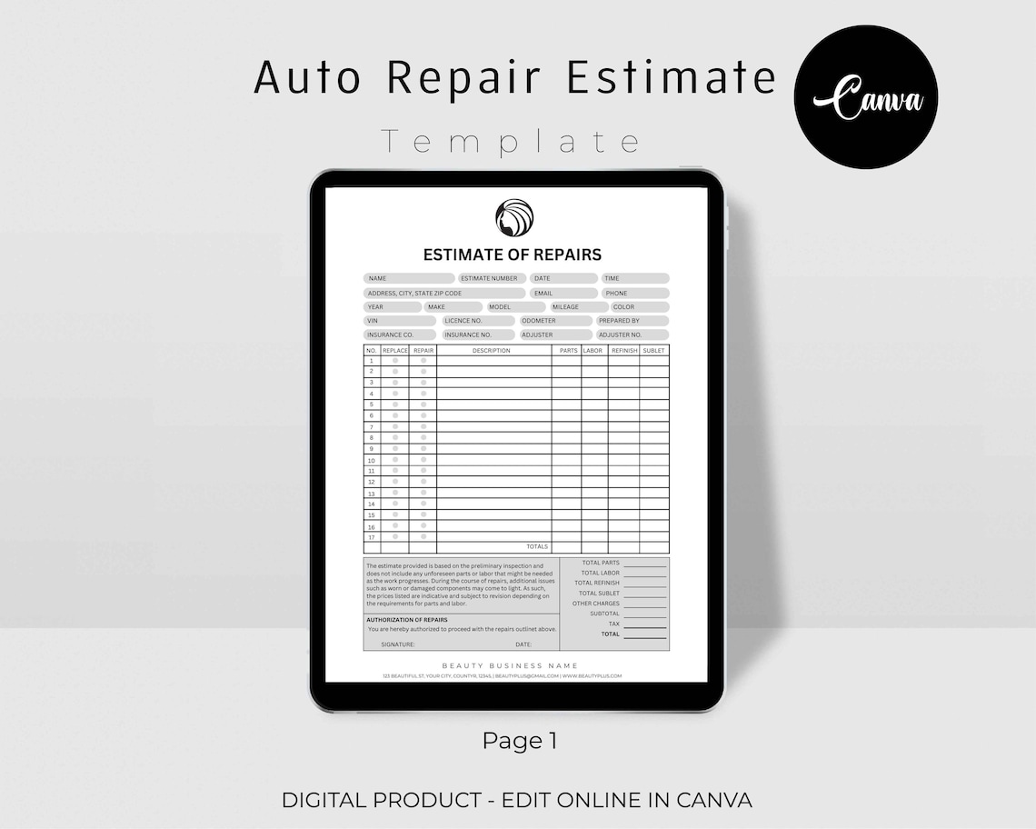 Editable Auto Body Repair Estimate Template, Canva Forms, Auto Repair ...
