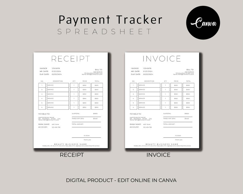 Payment Tracker Canva Template, Printable Client Payment History ...