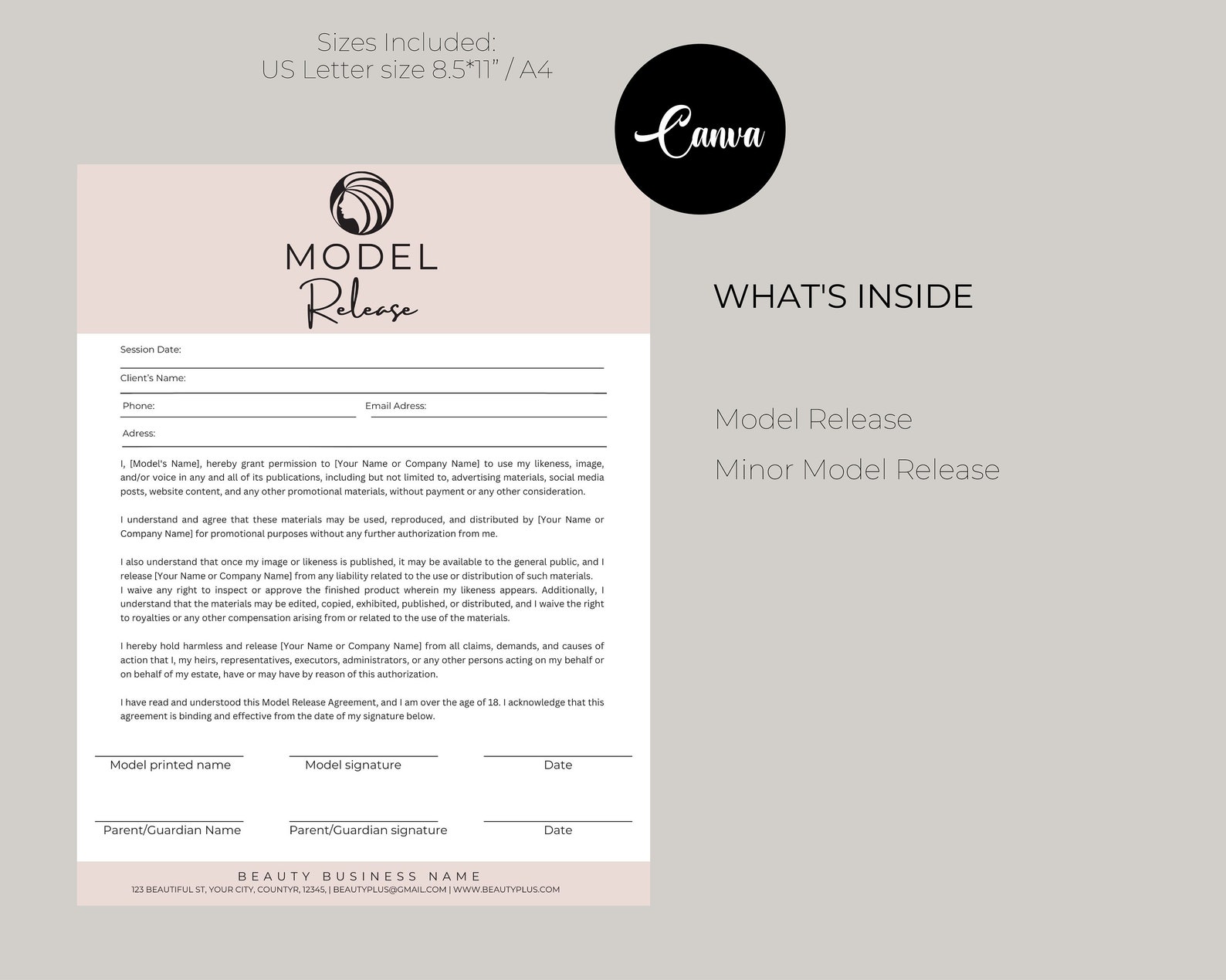 Model Release Form Template, Minor Model Release Form, Canva Template ...