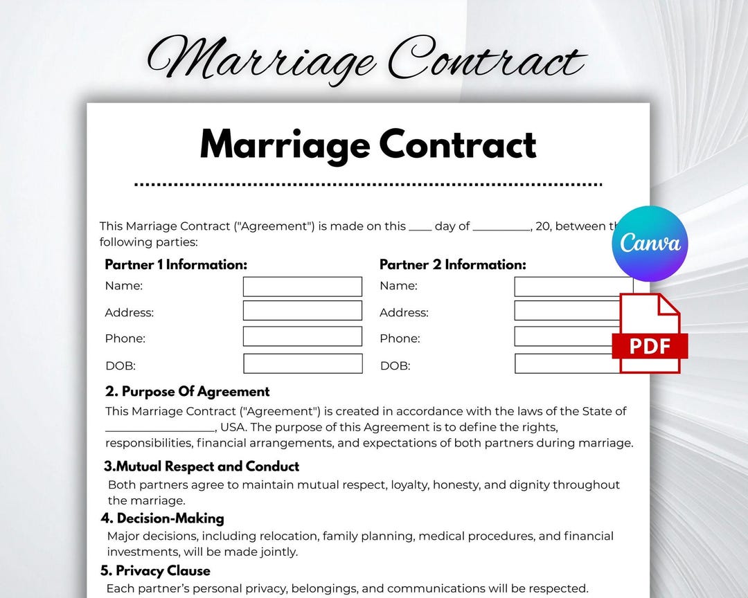 Marriage Contract Template, Editable Relationship Agreement for Couples ...