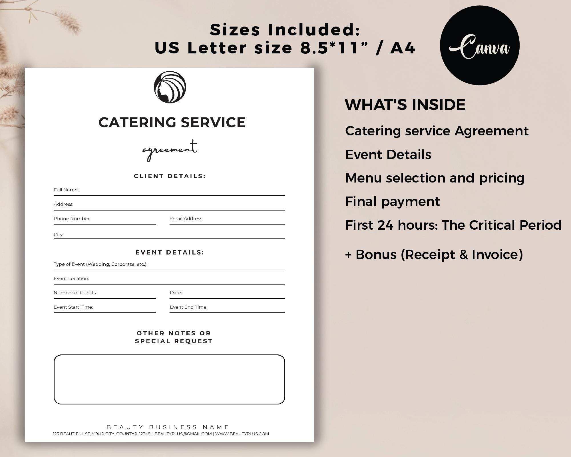 Catering Contract Template, Catering Business Intake Form, Catering ...