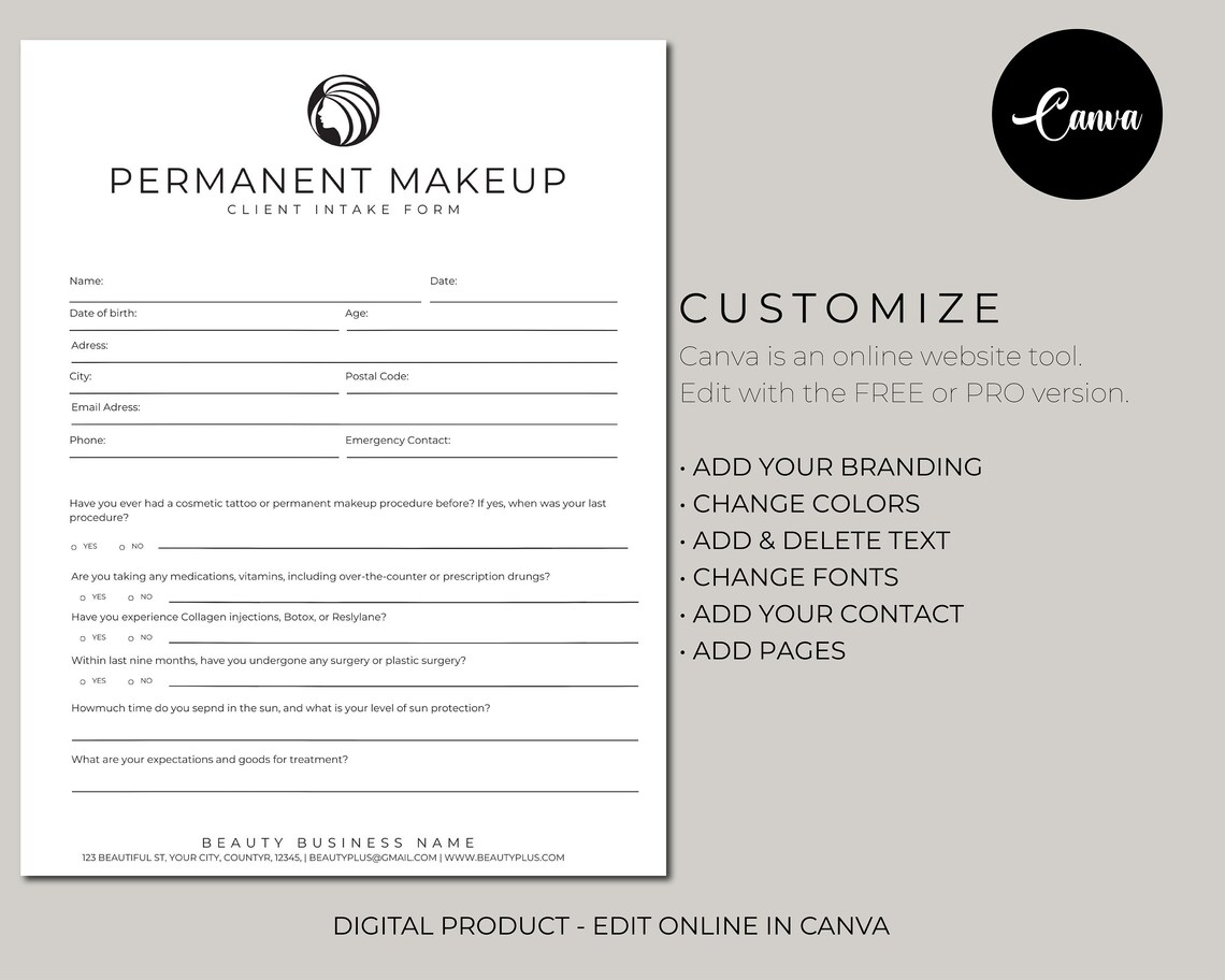 Permanent Makeup Forms, PMU Consent Form, PMU Aftercare Card, Makeup ...