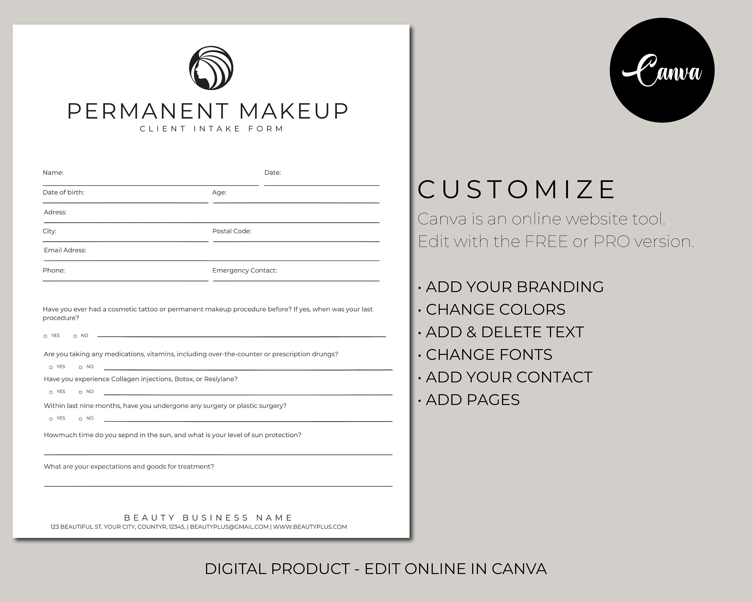 Permanent Makeup Forms, PMU Consent Form, PMU Aftercare Card, Makeup ...