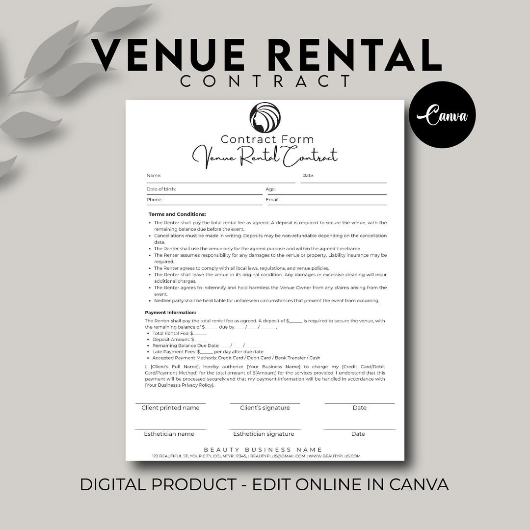 Venue Rental Form Template, Event Center Services Agreement, Wedding ...