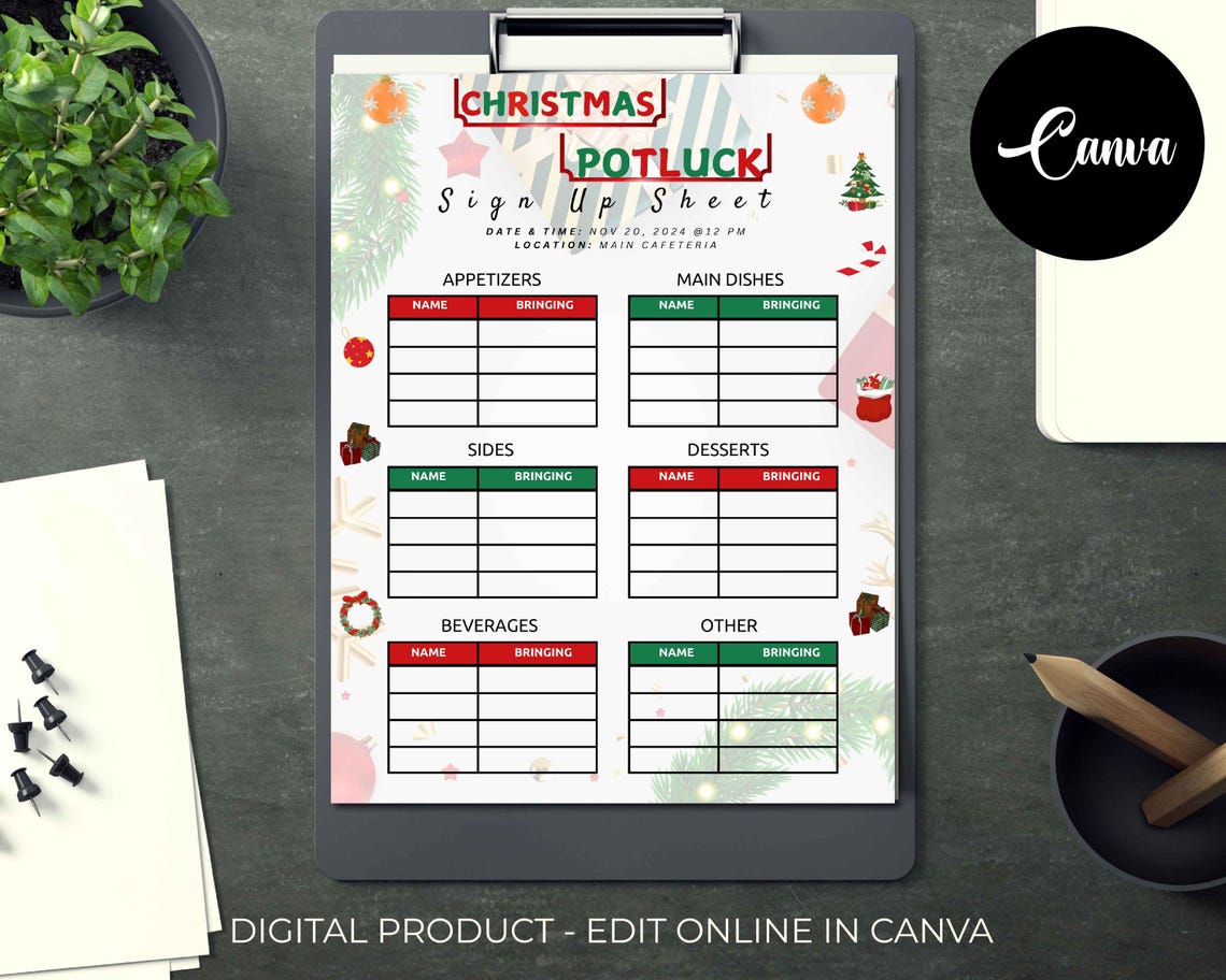 EDITABLE Christmas Potluck Sign up Sheet, Holiday Potluck Sign up Sheet ...