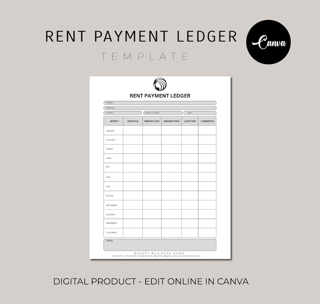 Editable Rent Payment Ledger Template, Canva Rent Payment Tracker ...