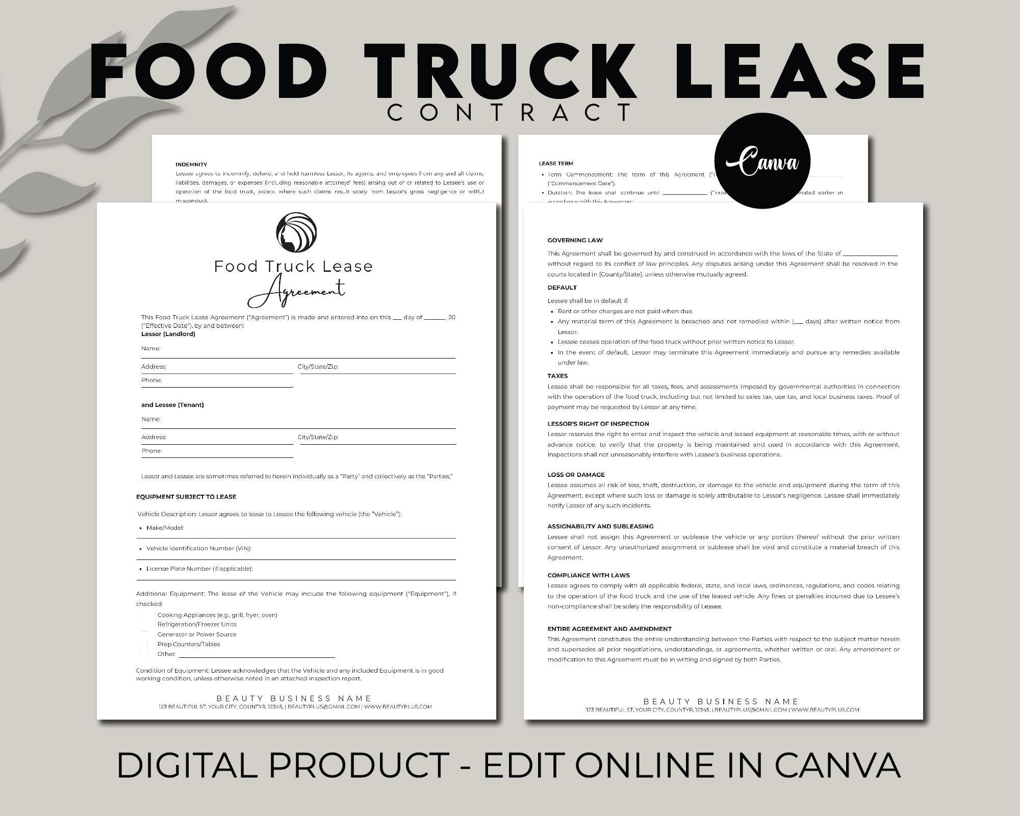 Food Truck Lease Agreement, Food Vendor Contract, Catering Truck Rental ...