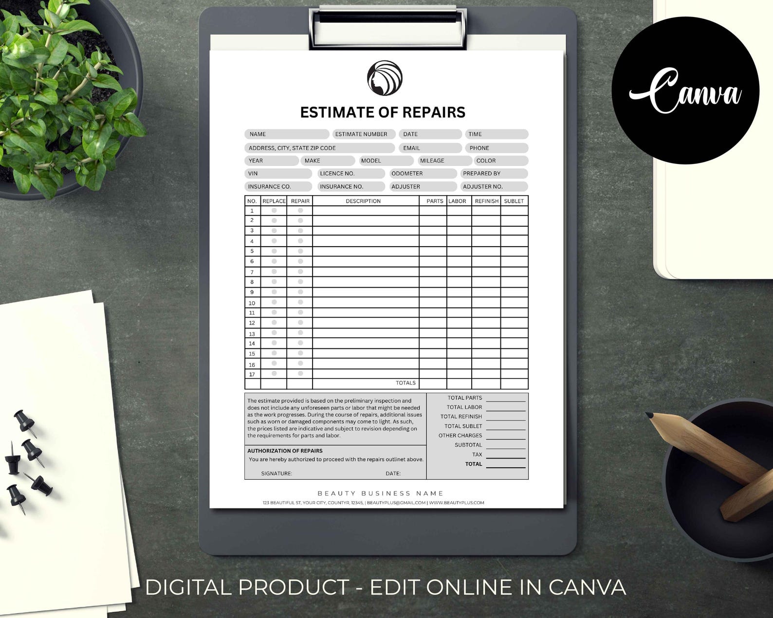 Editable Auto Body Repair Estimate Template, Canva Forms, Auto Repair ...