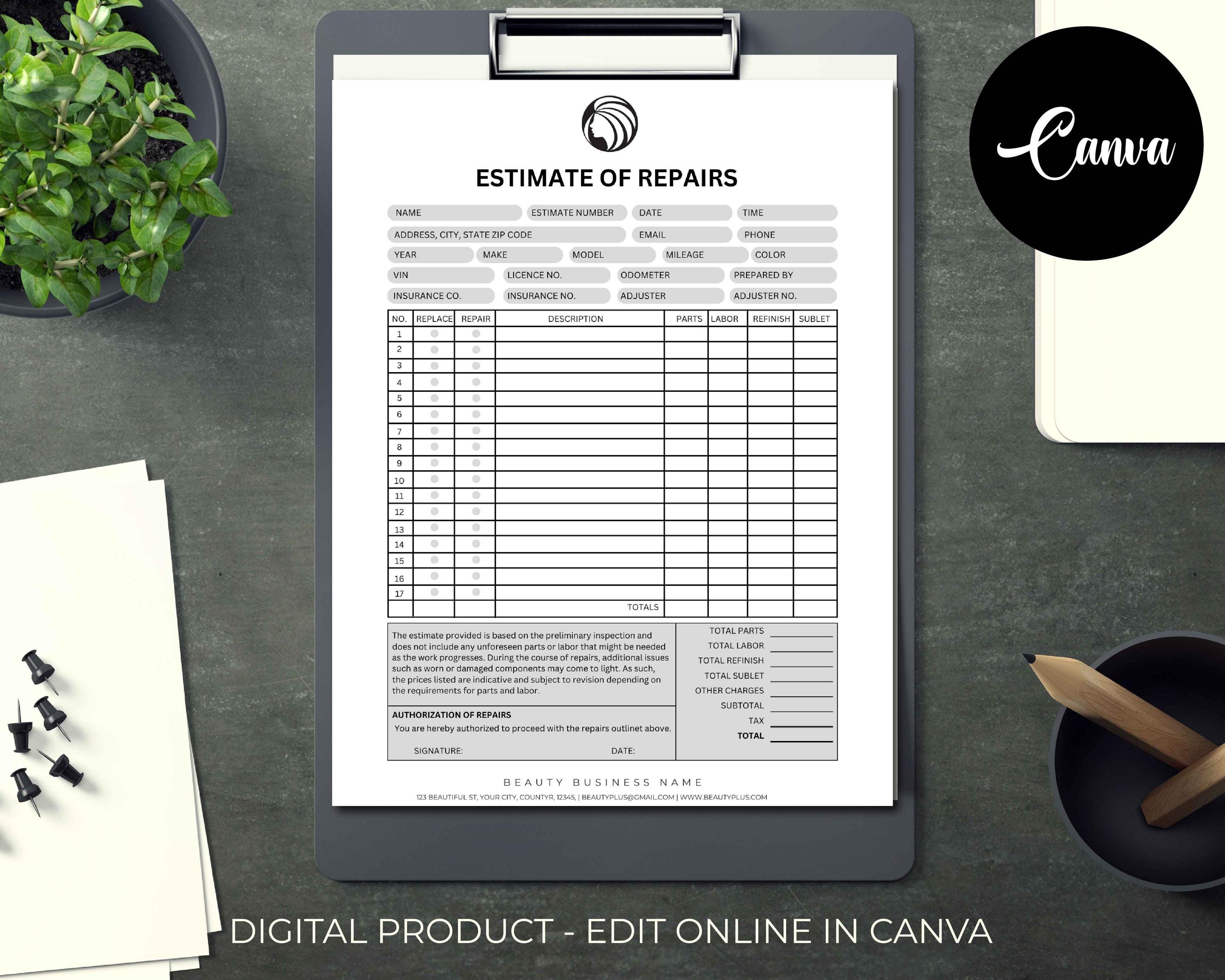 Editable Auto Body Repair Estimate Template, Canva Forms, Auto Repair ...