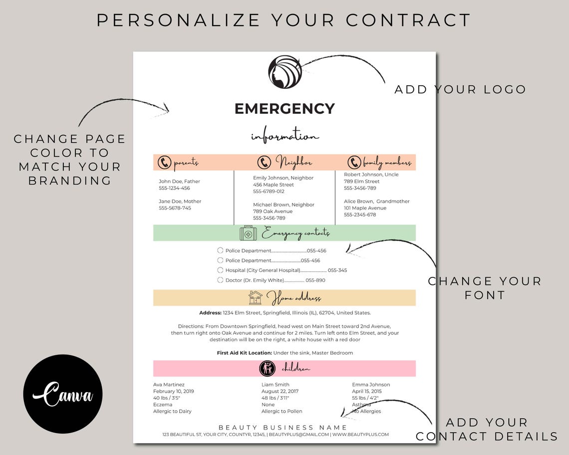 Emergency Information Sheet, Babysitting Printable Babysitter Notes ...