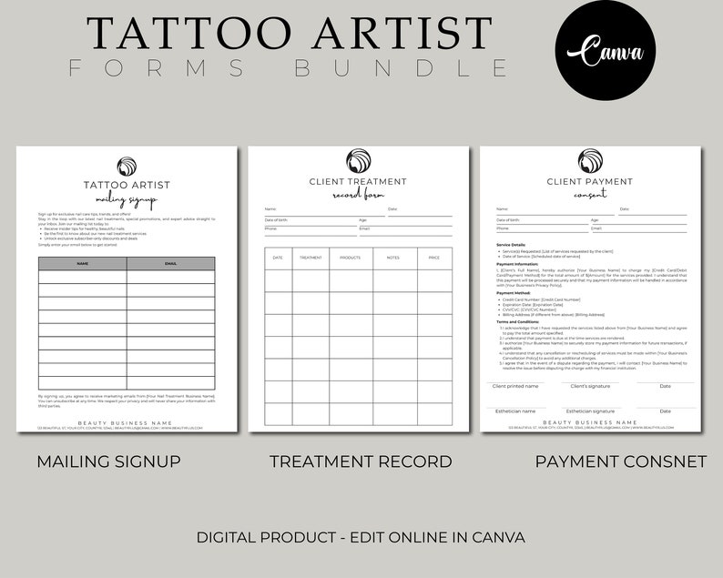 Tattoo Artist Forms Bundle - Editable!, Tattoo Consent Form, Tattoo ...