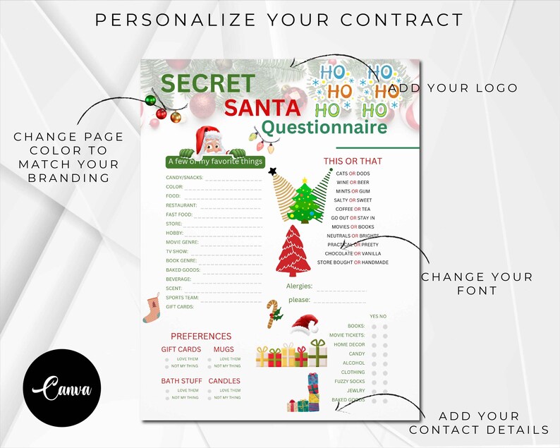 Secret Santa Questionnaire Editable, Canva Santa Questionnaires ...