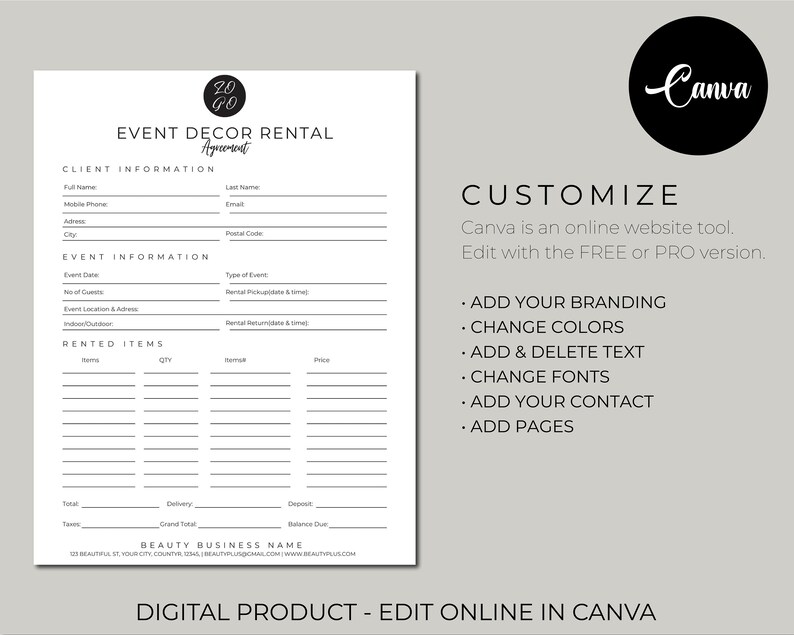 Event Décor Rental Contract, Editable in Canva, Party Equipment Rental ...