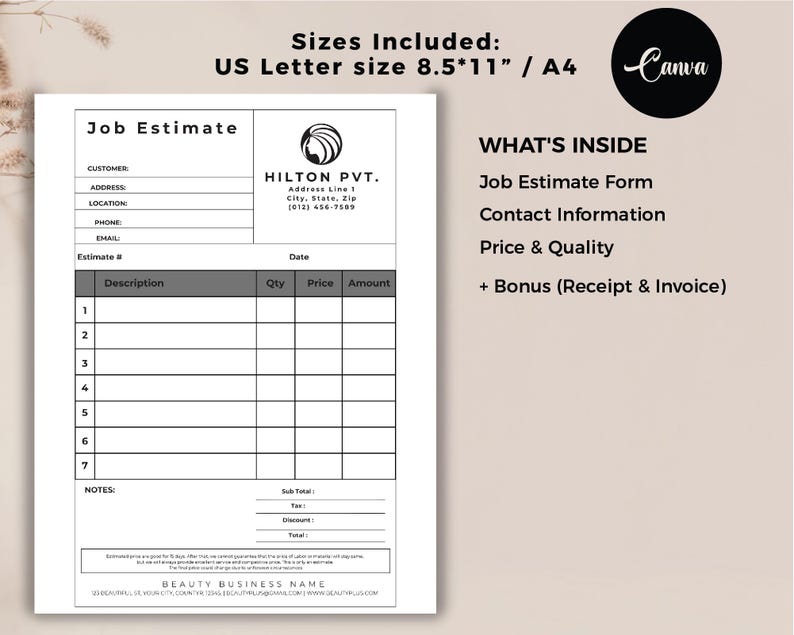 Job Estimate Template, Work Estimate Form, Editable Construction Bid ...
