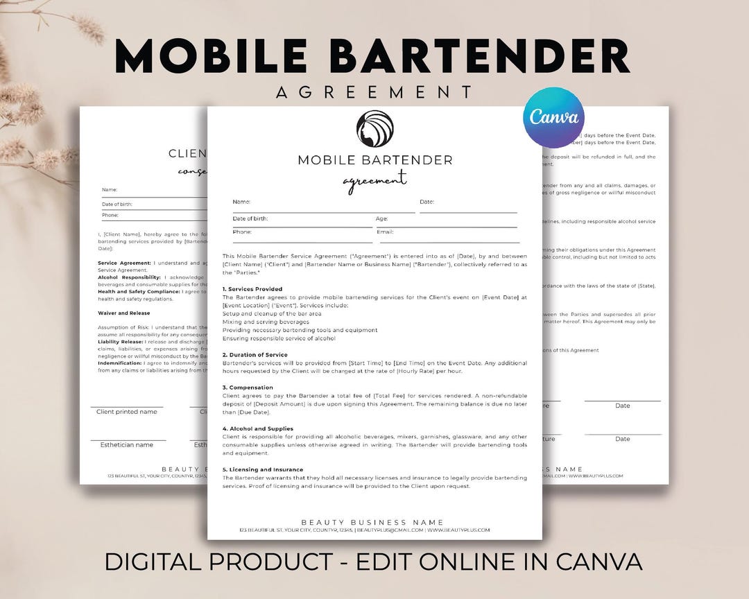 Mobile Bar Contract Template, Editable Bartender Contract, Mobile Bar ...