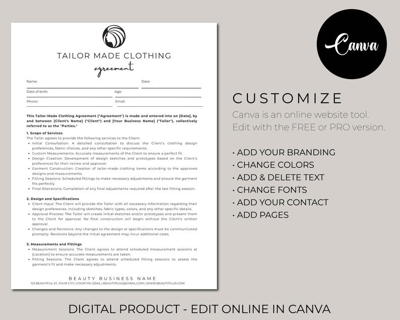 Tailor Made Clothing Agreement, Custom Garment Contract, Tailor Invoice ...