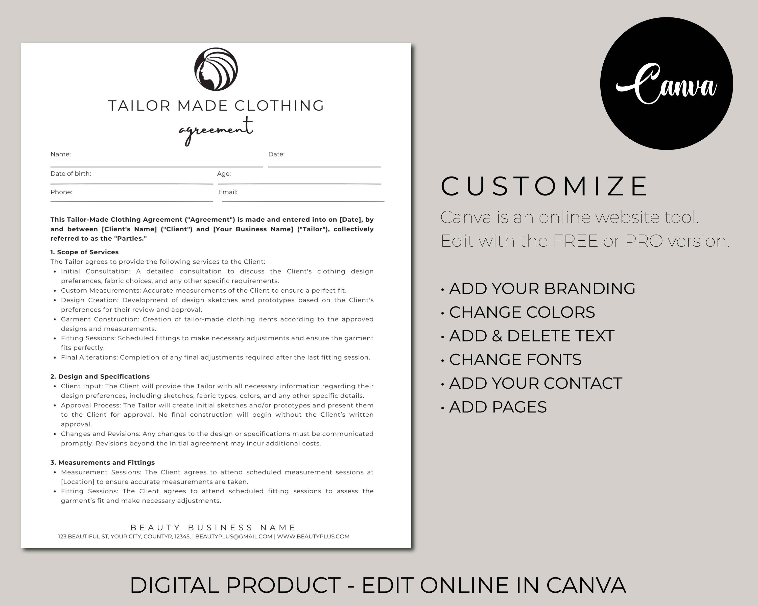 Tailor Made Clothing Agreement, Custom Garment Contract, Tailor Invoice ...