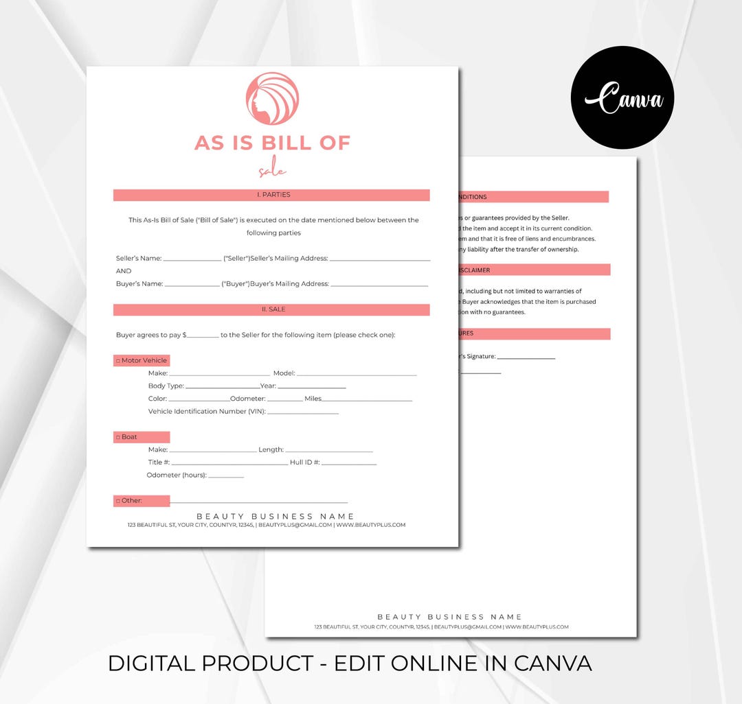 Editable As-is Bill of Sale Template, Vehicle Bill of Sale Template ...