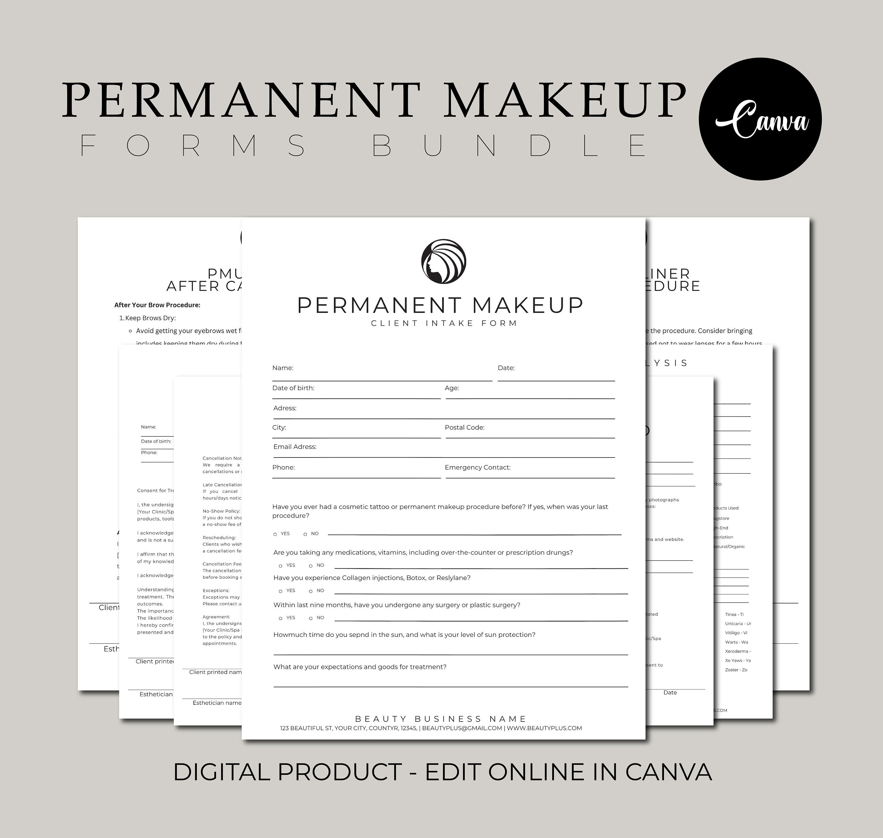 Permanent Makeup Forms, PMU Consent Form, PMU Aftercare Card, Makeup ...